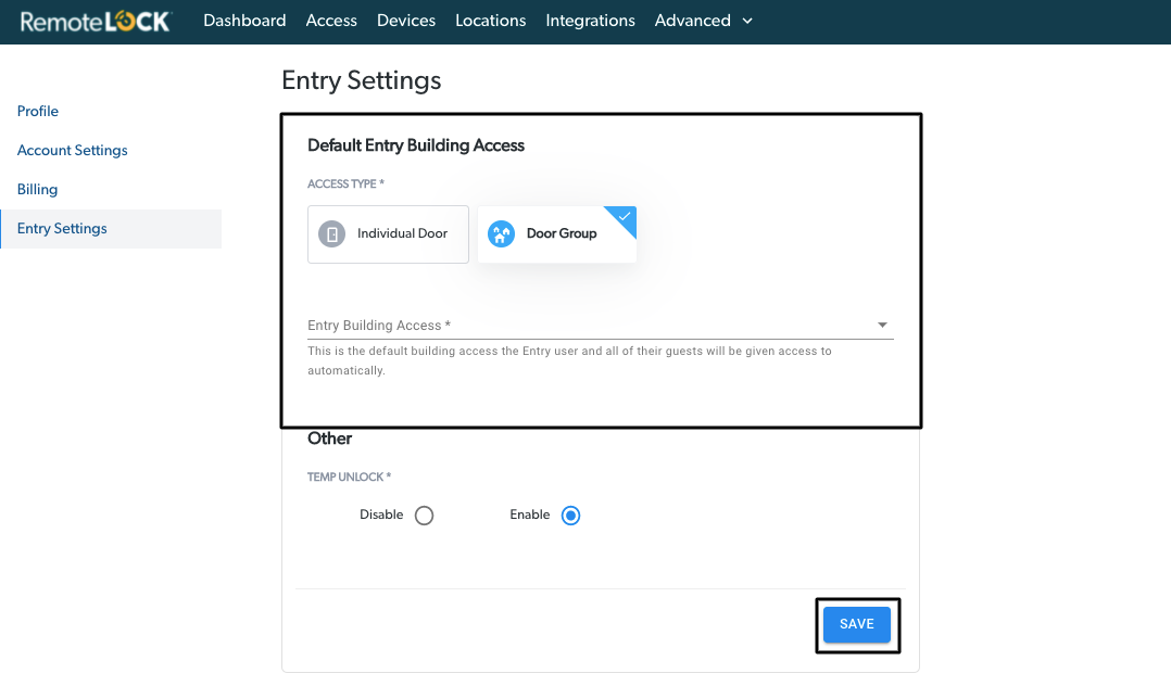 Entry App settings and configuration (web portal)